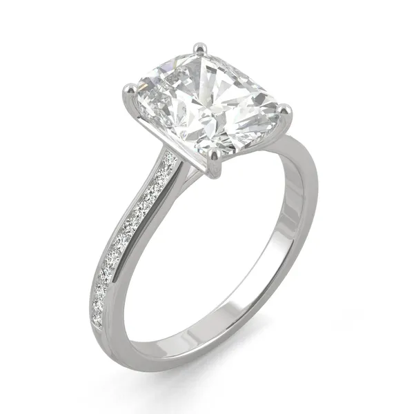 Elongated Cushion Channel Set Cathedral Engagement Ring
